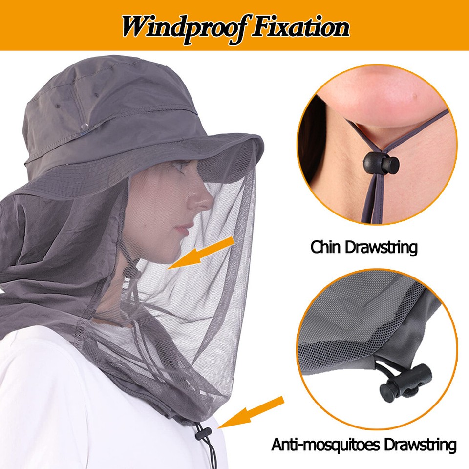 Mosquito Head Net Sun Hat Hidden Mesh Neck Flap Cover Fishing Hiking ...