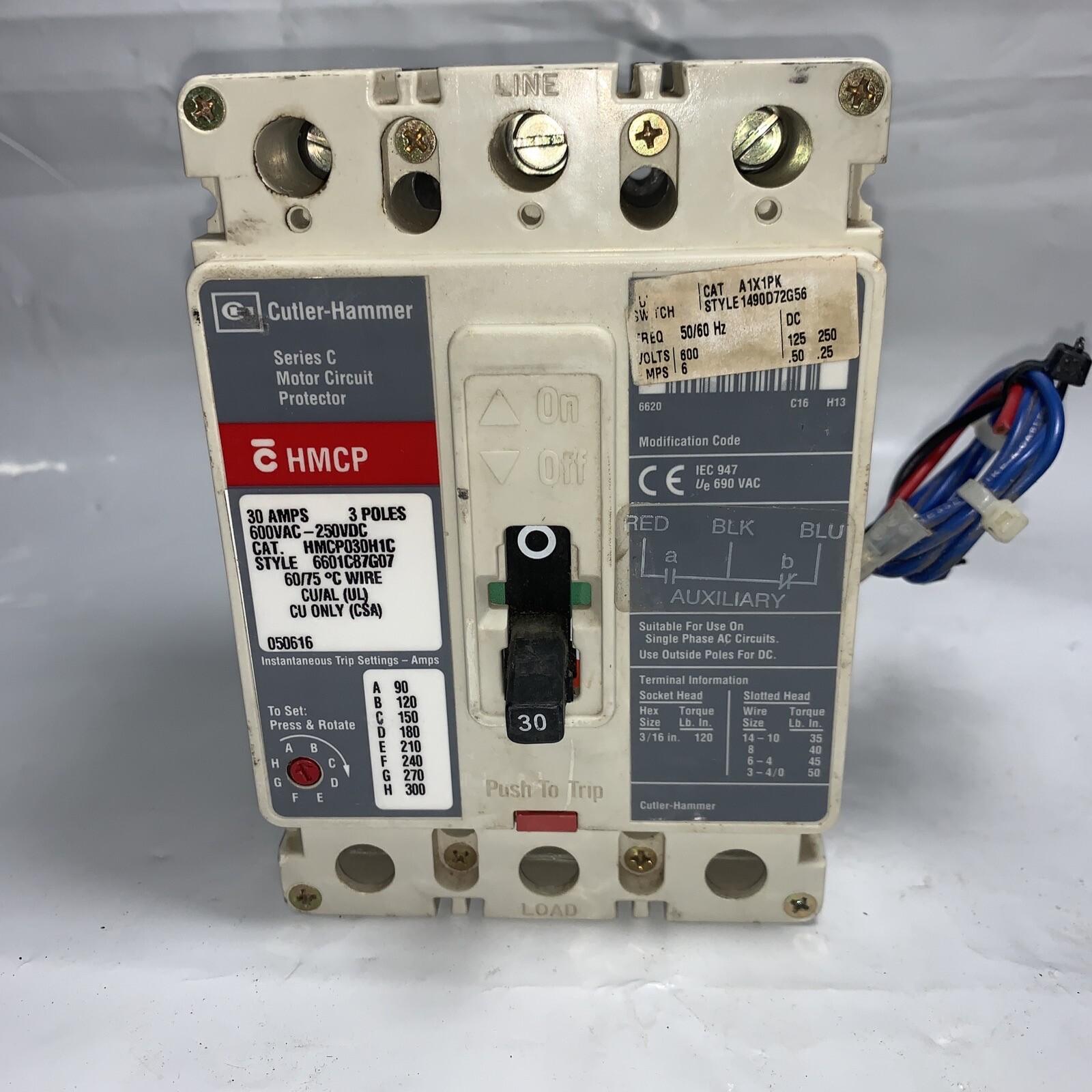 CUTLER HAMMER SERIES C MCP BREAKER 600VAC 30AMP HMCP030H1C AUX. CONTACT ...