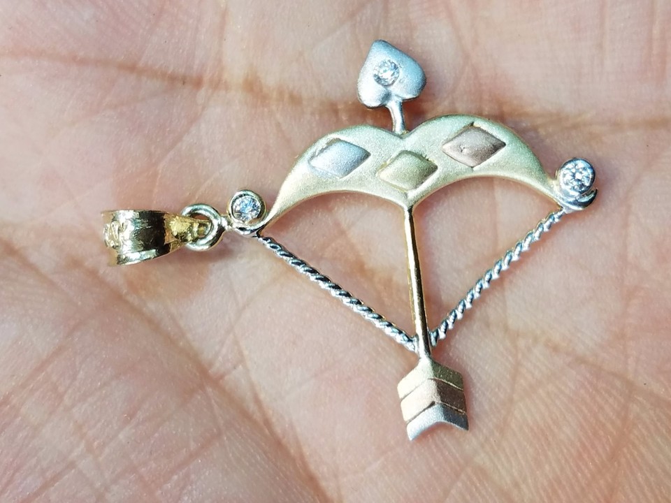 Gold 14k ARCHERY arrow bow HEART love Pendant Tri solid cz fine gift ...