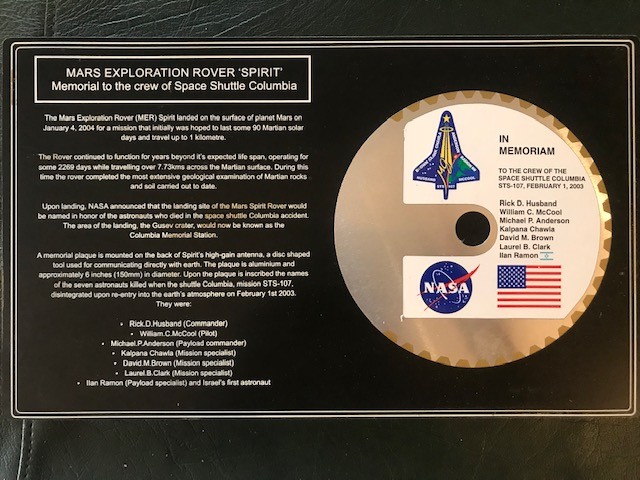 MARS SPIRIT Rover Memorial plaque - reproduction of the plaque on MARS ...