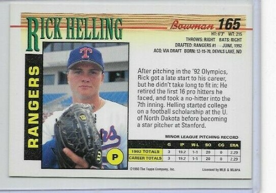 1993 Bowman #165 Rick Helling Texas Rangers | eBay