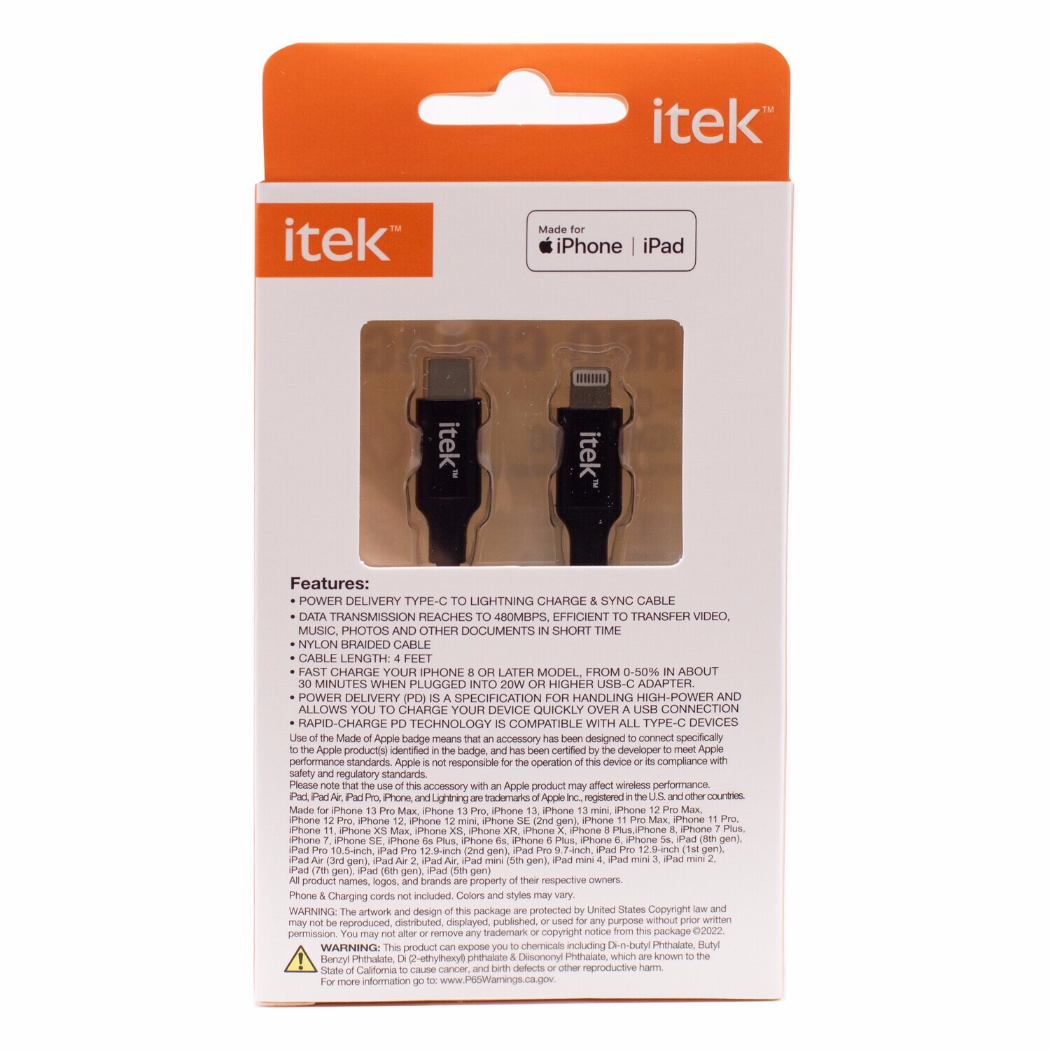 iTek High Speed Charging 4' Nylon Braided Cable Type-C To Lighting ...