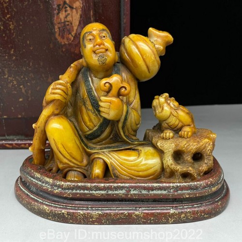 6" Ancient China Tianhuang Shoushan Stone Carved Arhat Luohan Kylin ...