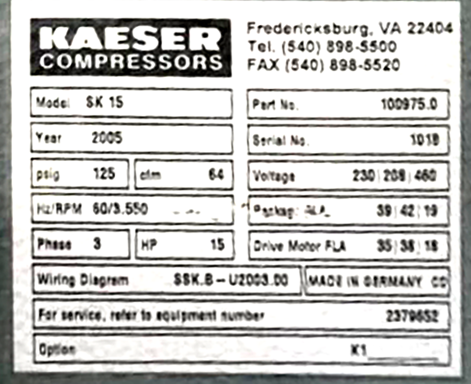 Kaeser SK15 Rotary Screw Compressor + Receiver Tank - Air Center 15 HP ...