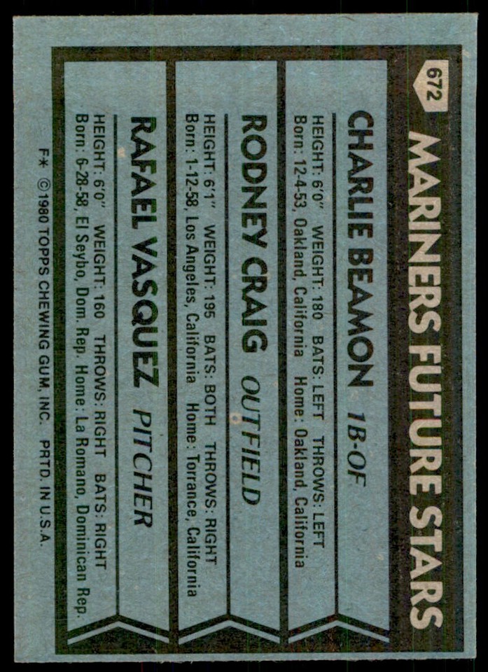 1980 TOPPS MARINERS FUTURE STARS - CHARLIE BEAMON/RODNEY CRAIG/RAFAEL ...