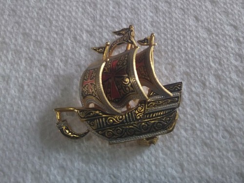 Vintage Gold tone Red Enamel Spanish Ship Brooch | eBay