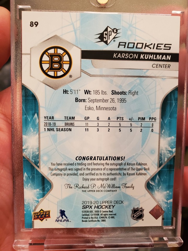 2019-20 SPx Karson Kuhlman ROOKIE AUTO /299🔥Winnipeg Jets RC🔥GORGEOUS ...