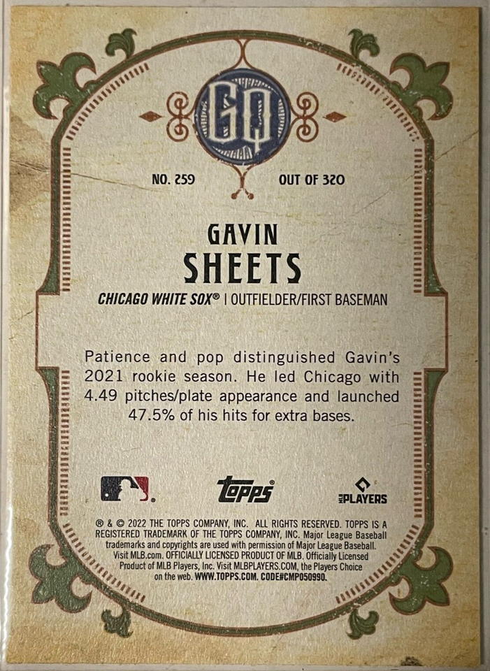 2022 TOPPS GYPSY QUEEN #259 GAVIN SHEETS *ROOKIE CARD* CHICAGO WHITE ...