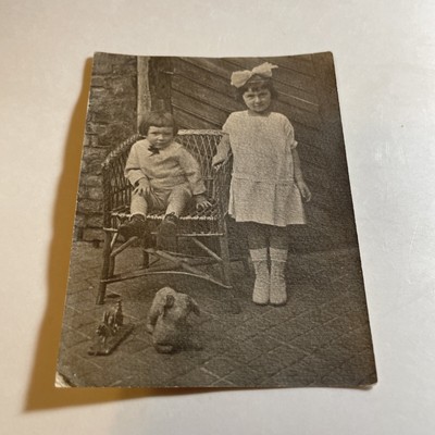 Vintage Snapshot Little Girl & Brother wicker chair, Pose w/ Toy Stuff ...