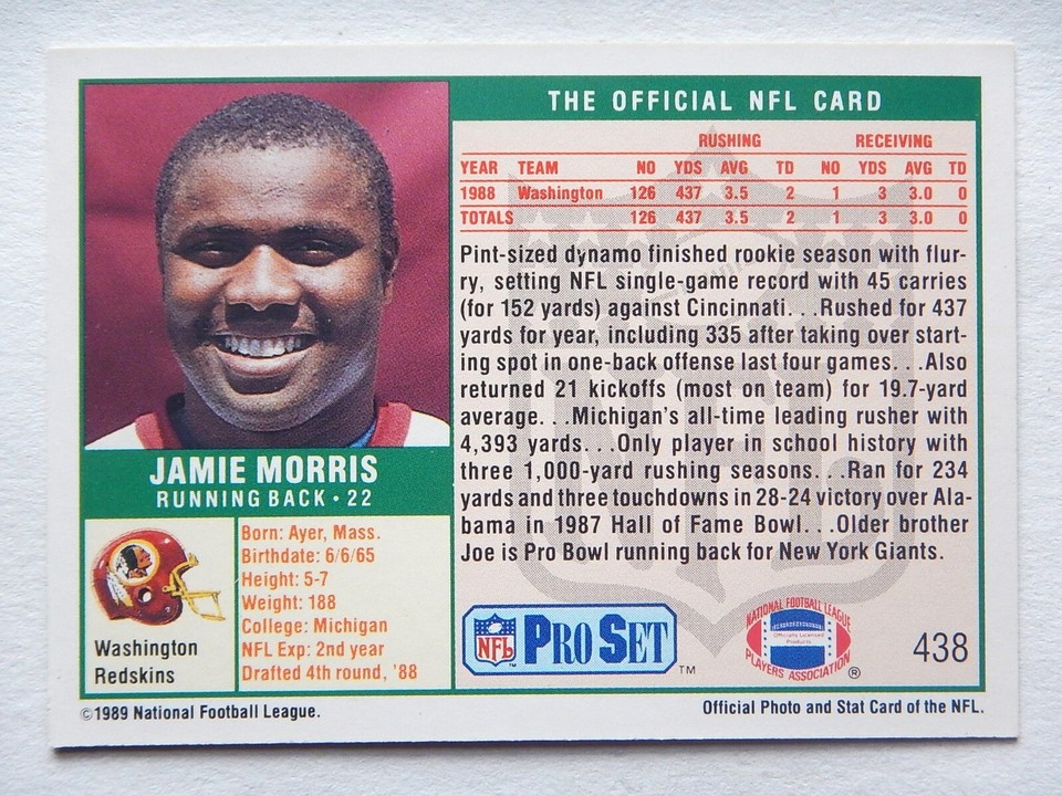 Jamie Morris #438 Pro Set 1989 Football Card (Washington Redskins) VG ...