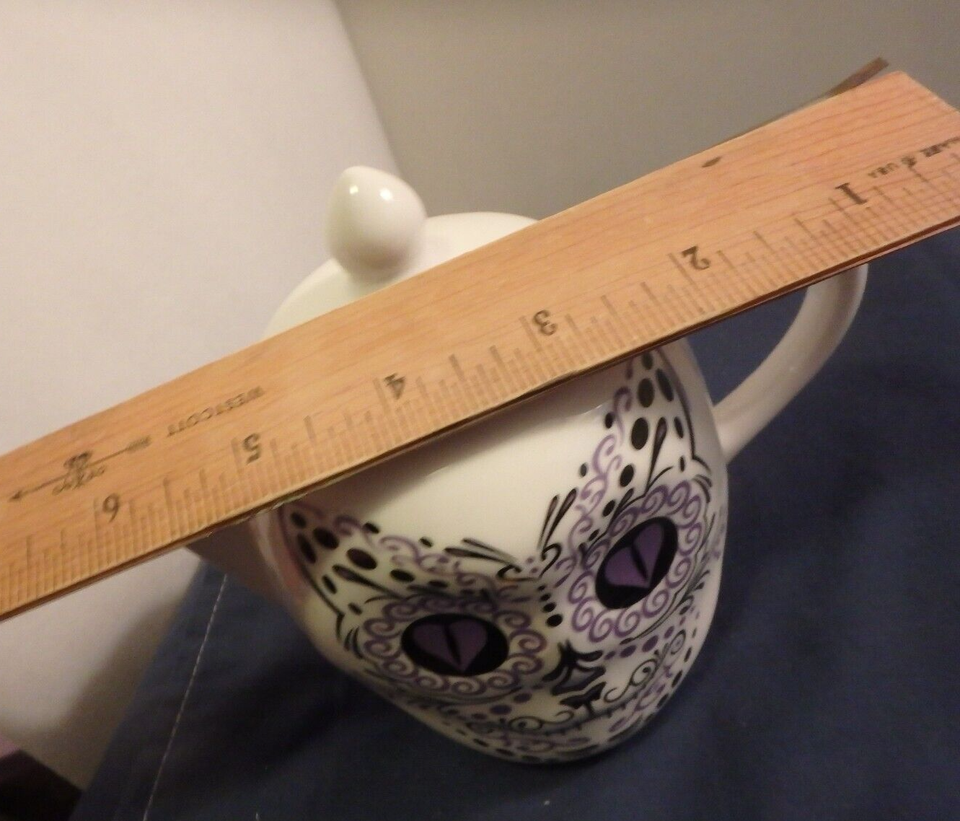 Cat Sugar Skull Tea Pot, 2014 Archie McPhee Ceramic Day of Dead Purple ...