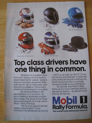 MOBIL 1 RALLY FORMULA MOTOR OIL HELMETS GLOVES BOWLER HAT 1985 ADVERT ...