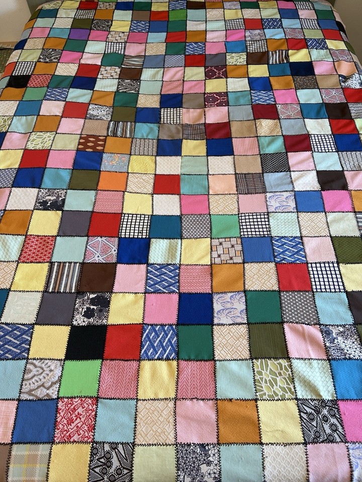 Vintage Patchwork Quilt Top Squares Crazy Hand Sewn 66” x 99” Handmade READ SEE | eBay