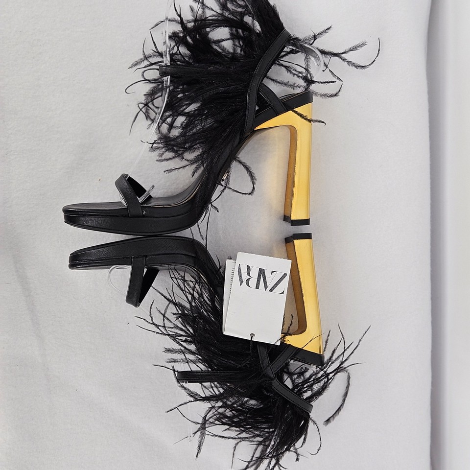 ZARA Feather Gold Metallic Glam Fantasy Heels Womens Size 5.5 (EU36 ...