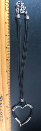 Necklace - Brighton - black strings silver heart pendant - 17 inch long ...