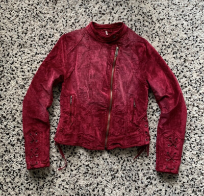 Free People Women’s Distressed Red Velour Moto Bomber Lace Cuff Jacket ...
