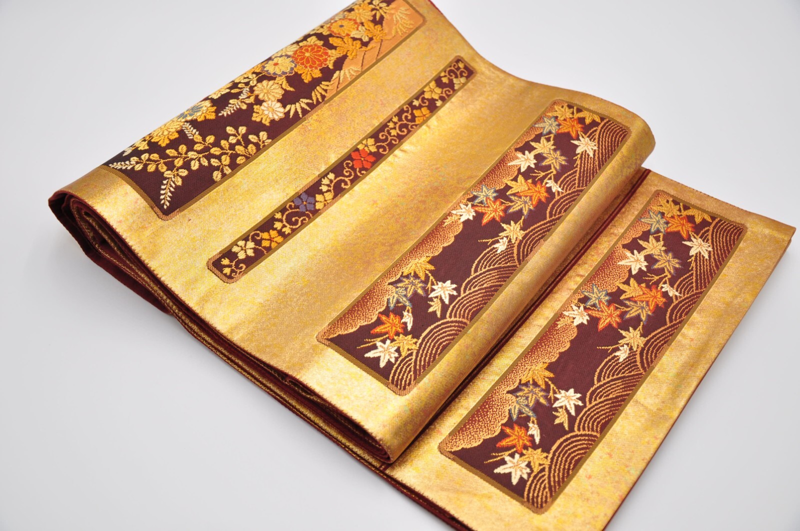 Vintage Japanese Kimono Fukuro-Obi Silk Square Flowers Pattern Gold ...