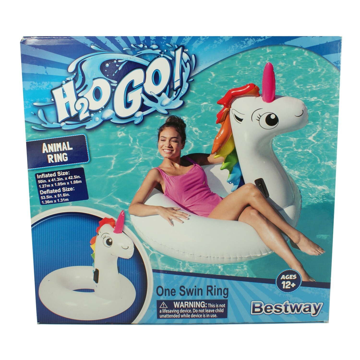H2OGO! Inflatable Rainbow Unicorn Float Swim Ring Inflated Sz 50" x41.3 ...