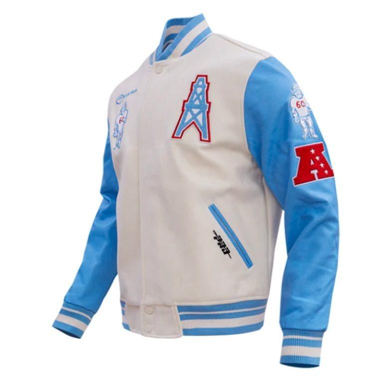 Houston Oilers Off White Wool & Blue Leather Sleeves Varsity Letterman ...