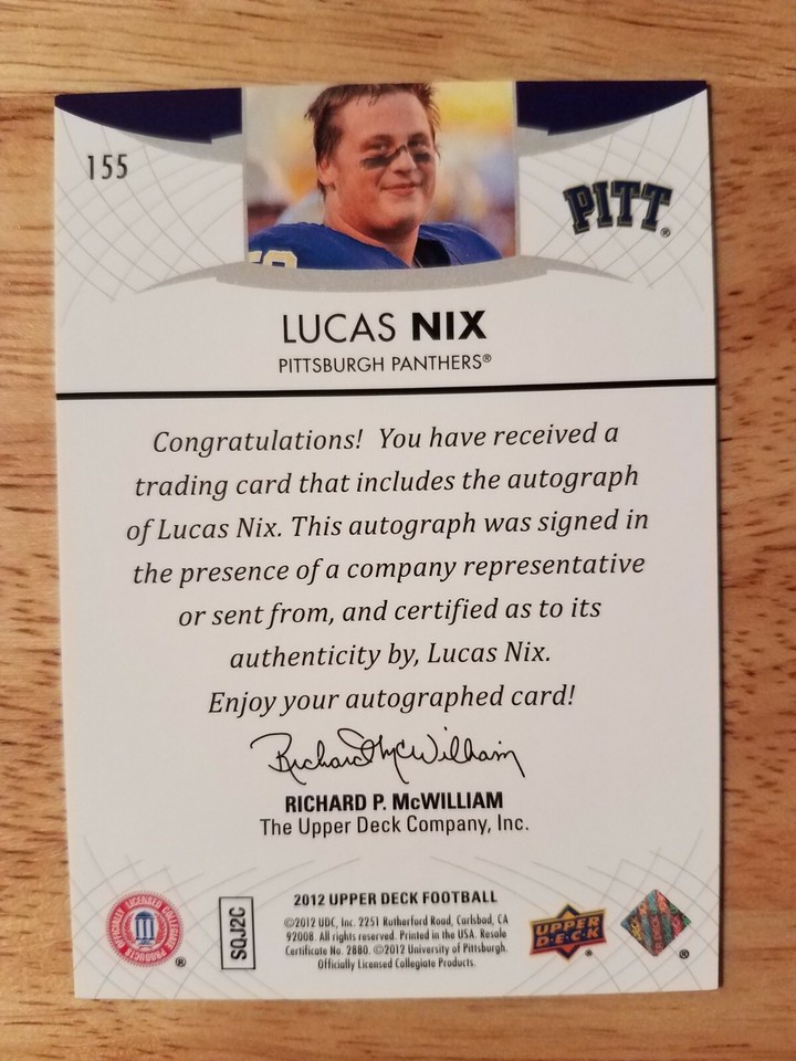 Lucas Nix 2012 Upper Deck Rookie Autographs #155 Pittsburgh Panthers | eBay