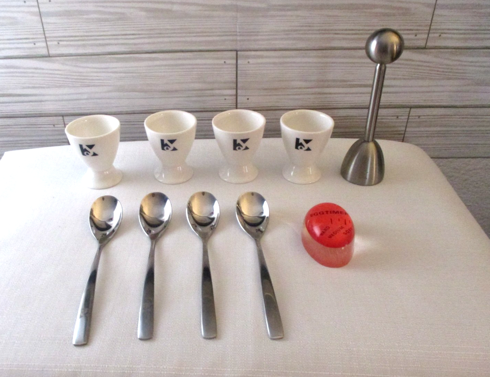 KAIL & JAMINS 4-EGG CUPS W/SPOONS-TIMER-EGG CRACKER TOPPER-EXCELLENT ...