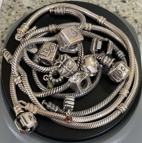 Pandora Sterling Silver 7 Charms 4 Bracelets & Storage Box Jewelry Lot ...