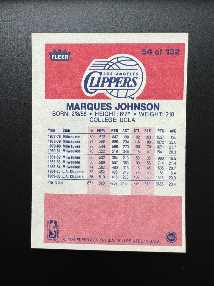 1986 Fleer Basketball #54, Marques Johnson, Clippers | eBay