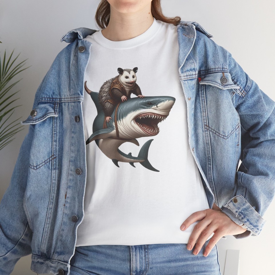 Opossum Riding Shark Funny T-shirt - Novelty Adventurous Men Women ...