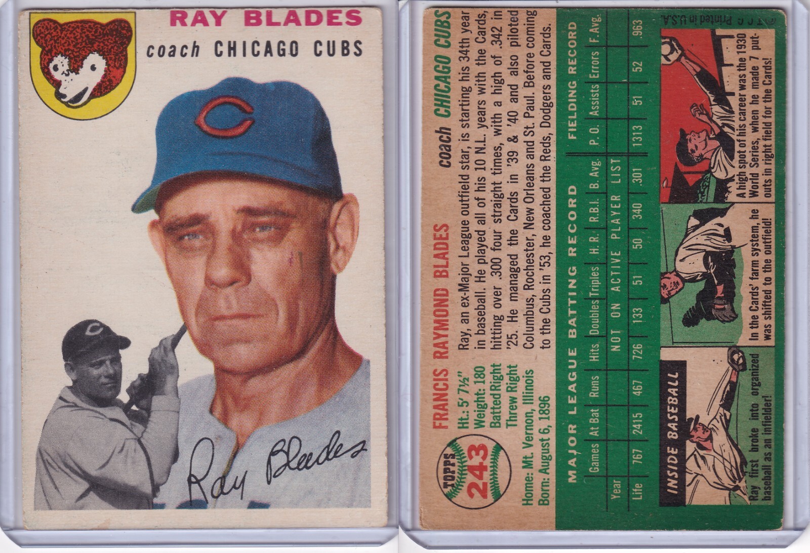 1954 Topps Baseball Card # 243 Ray Blades Chicago Cubs Coach VG | eBay