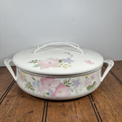 VTG Kobë Cookware Japan Floral Metal Enamelware Covered Cassarole 9 3/8 ...