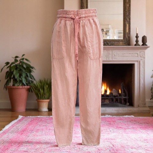Zara Pink Linen Blend Pants Drawstring Waist Casual Lounge Boho Cropped ...