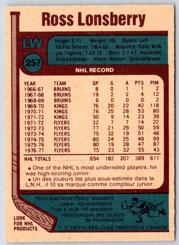 ROSS LONSBERRY 1977-78 O-PEE-CHEE 77-78 NO 257 NRMINT+ 54221 | eBay