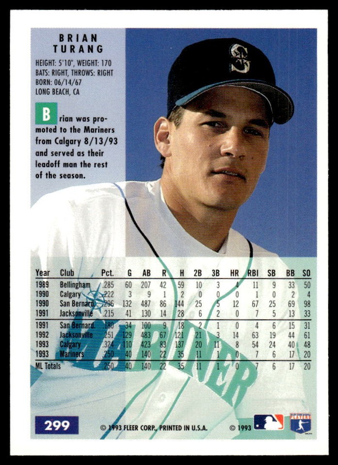 1994 Fleer 299 Brian Turang Seattle Mariners Rookie Baseball Card | eBay