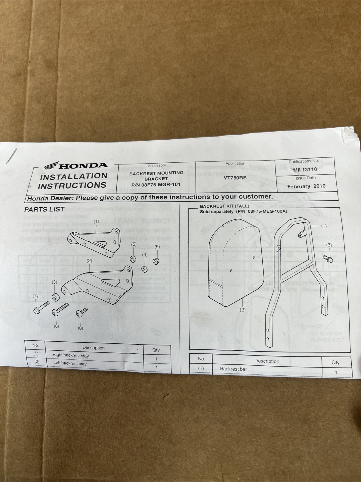 Honda - 08F75-MGR-101 - Backrest/Rear Carrier Mounting Brackets, Chrome ...