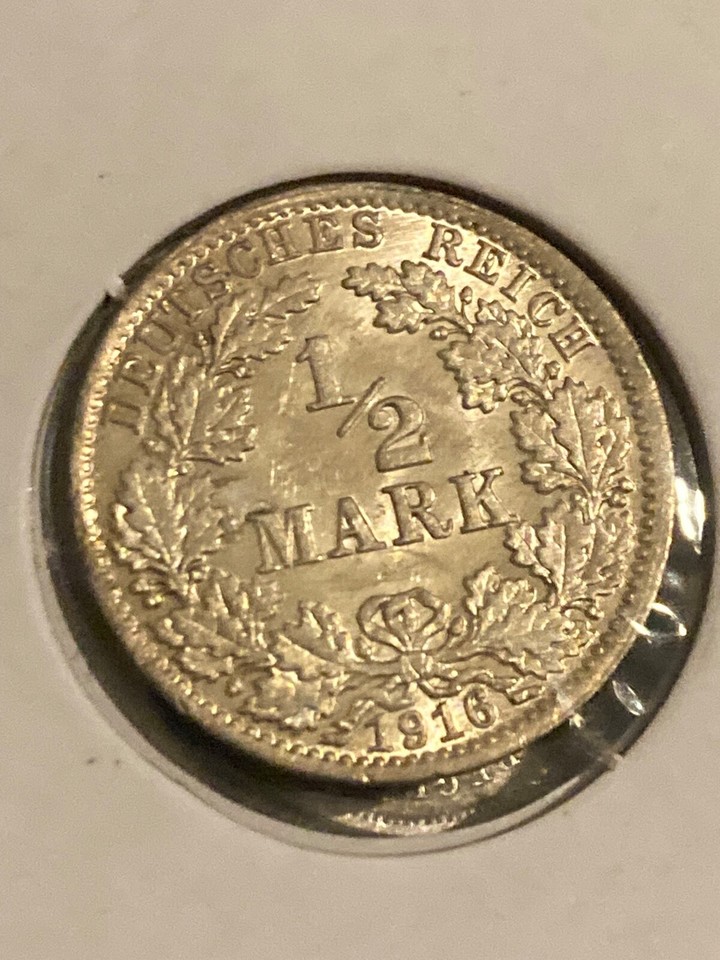 *Uncirculated* Deutsches Reich 1916-A Beautiful 1/2 Mark 90% Silver ...