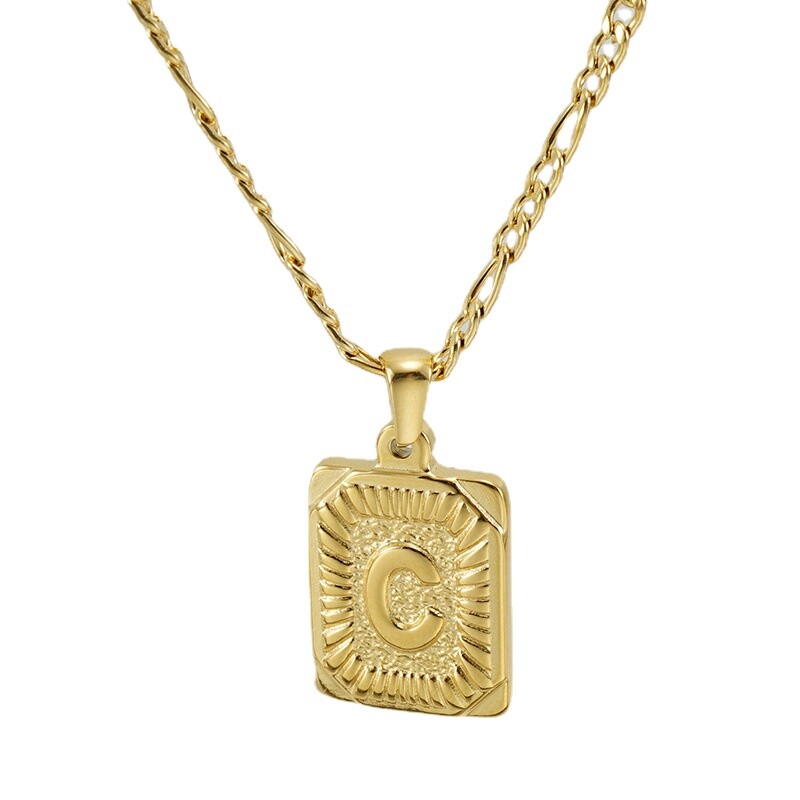 18K Gold Plated Square Capital Letter A-Z Monogram Pendant Figaro Chain ...