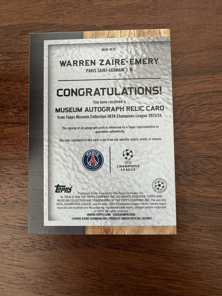 2023-24 Topps Museum UCL Warren Zaire-Emery Autograph Patch Black /10 ...