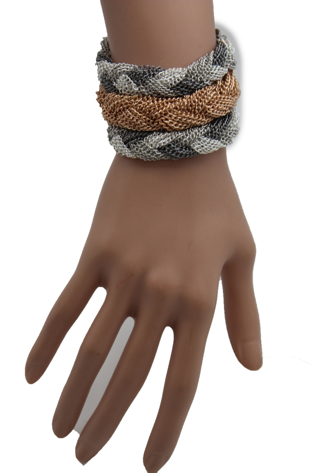 Women Gold Silver Braided Metal Chain Bracelet Fashion Jewelry 3 Tone ...