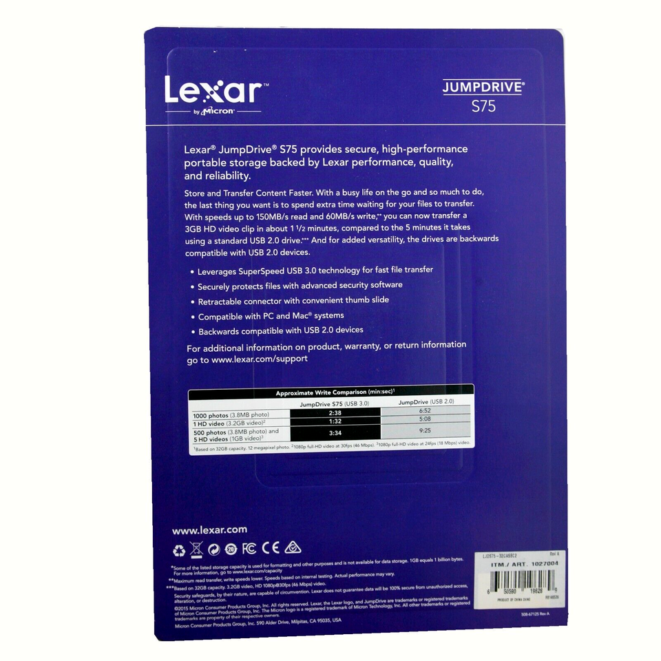 Lexar 32GB JumpDrive S75 USB 3.0 Flash Drive External Storage Up to 150 ...