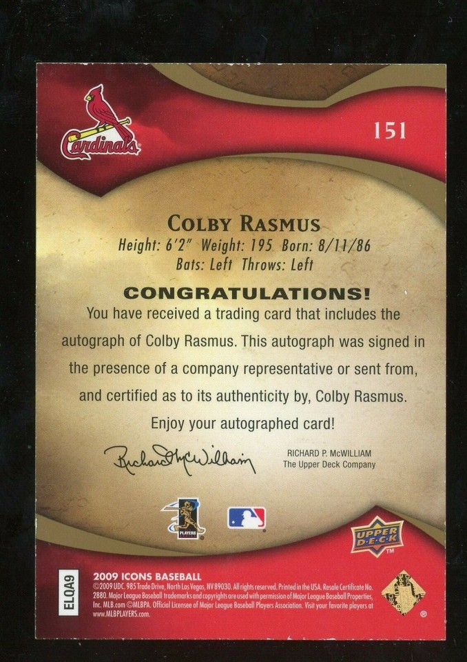 Colby Rasmus 2009 Upper Deck Icons Auto Rookie #d 112/400 St. Louis ...