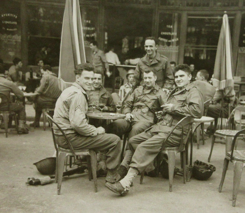 WWII US Army Soldiers French Cafe Photo Helmets Rifles Field Jackets ...