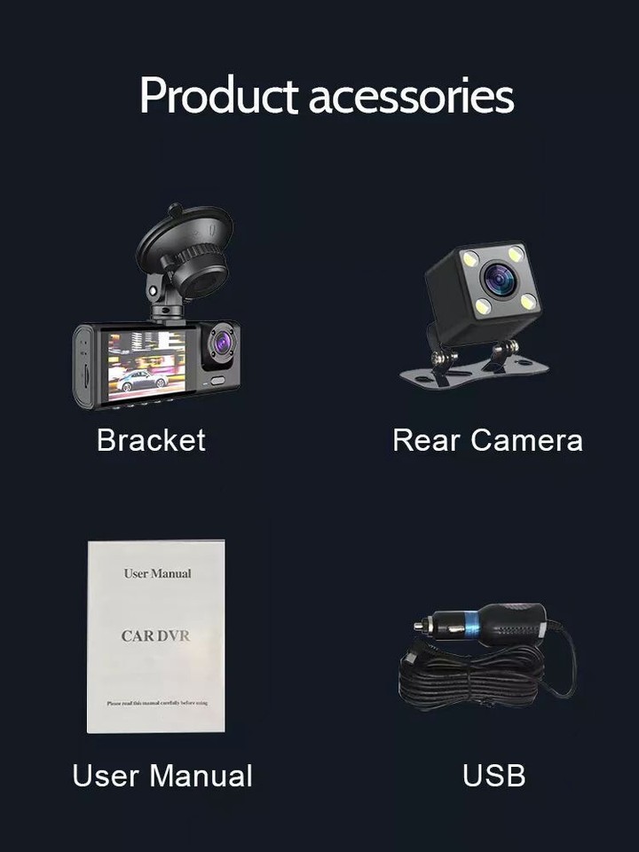 170° HD Car Dash Cam Front/Rear/Inside DVR Video Recorder Camera ...