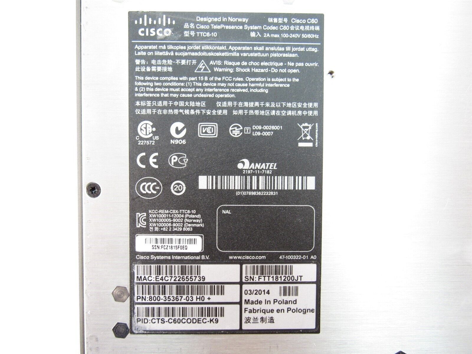 Cisco Tandberg Ttc6-10 Video Conference Telepresence System Codec C60 ...