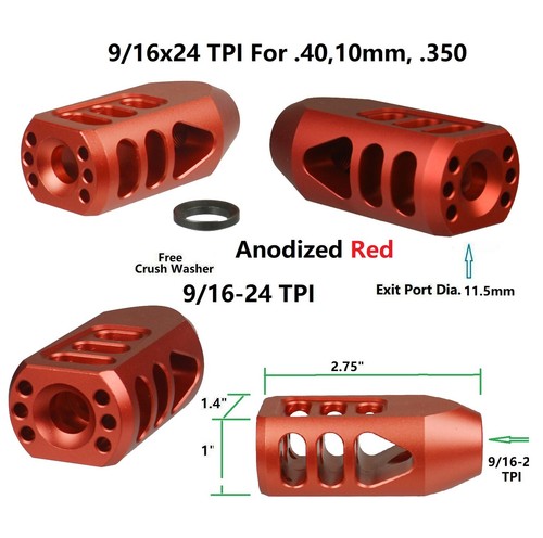 9/16x24 TPI .40,10mm, .350 Tanker Muzzle Brake Compensator Red,Washer ...