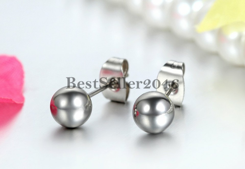 Stainless Steel Silver Round Ball Bead Ear Studs Earrings Men's Women's ...