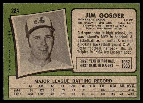 1971 Topps #284 Jim Gosger BASEBALL Montreal Expos | eBay
