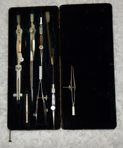 Antique Set Dietzgen German Drafting Tools In Leather Case W Brass Pull ...