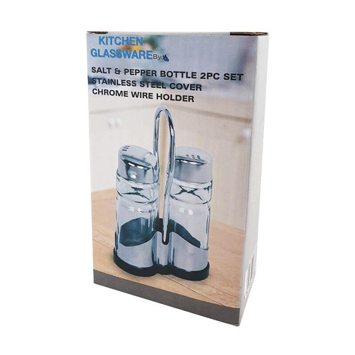 Salt & Pepper Bottle 2 PC Set Stainless Steel Cover Chrome Wire Holder ...