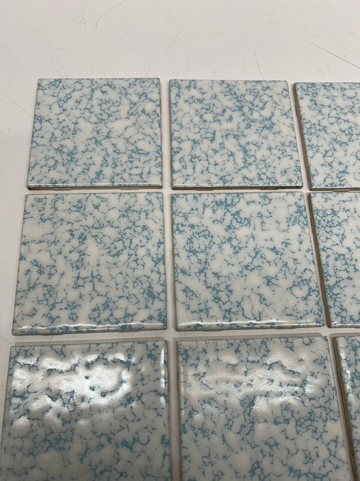 12 Vtg NOS Ceramic Tile White Blue Speckle Splatter 4.25" Tiles Kitchen ...
