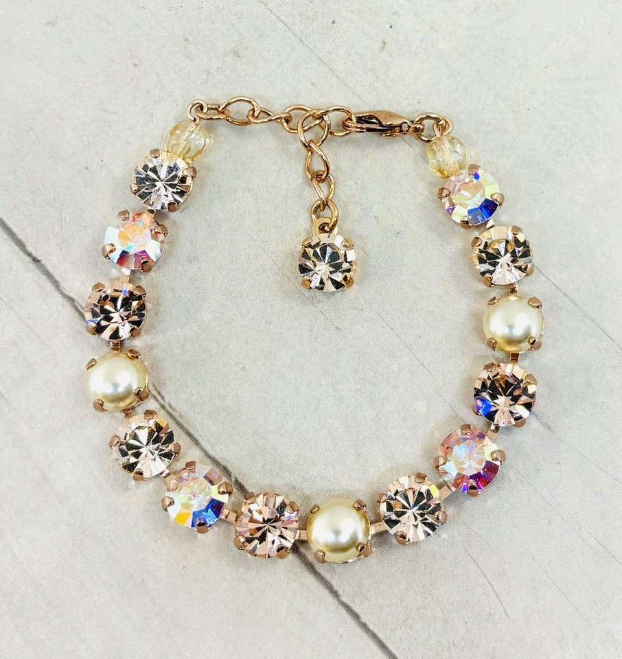 Pink Rose Gold Plated Creamy Pearl and Crystal AB Cup Chain Bracelet | eBay